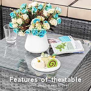 Shintenchi Patio Furniture Sets 3 Pieces Outdoor Sectional Sofa Silver All-Weather Rattan Wicker Sofa Small Patio Conversation Couch with Washable Cushion and Glass Table(Khaki)