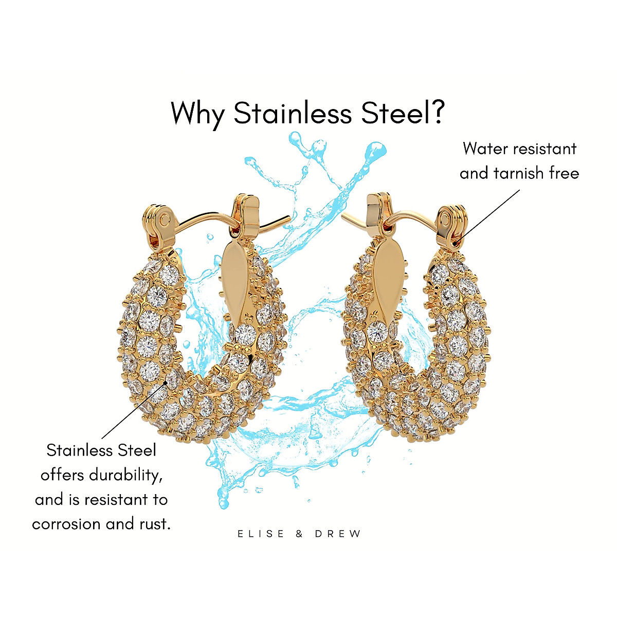 ELISE & DREW - 18k Gold Plated Hoop Earrings, Small Hoop Earrings for women, Stainless Steel, Cubic Zirconia, Gold Earrings for Women, Chunky Earrings, Waterproof, Tarnish Free