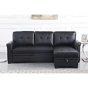 KELRIA L-Shape Reversible PU Leather Sleeper Sectional Sofa with Storage Chaise, Modern Corner Couch with Arms for Living Room, Home Furniture, Apartment, Dorm, Black