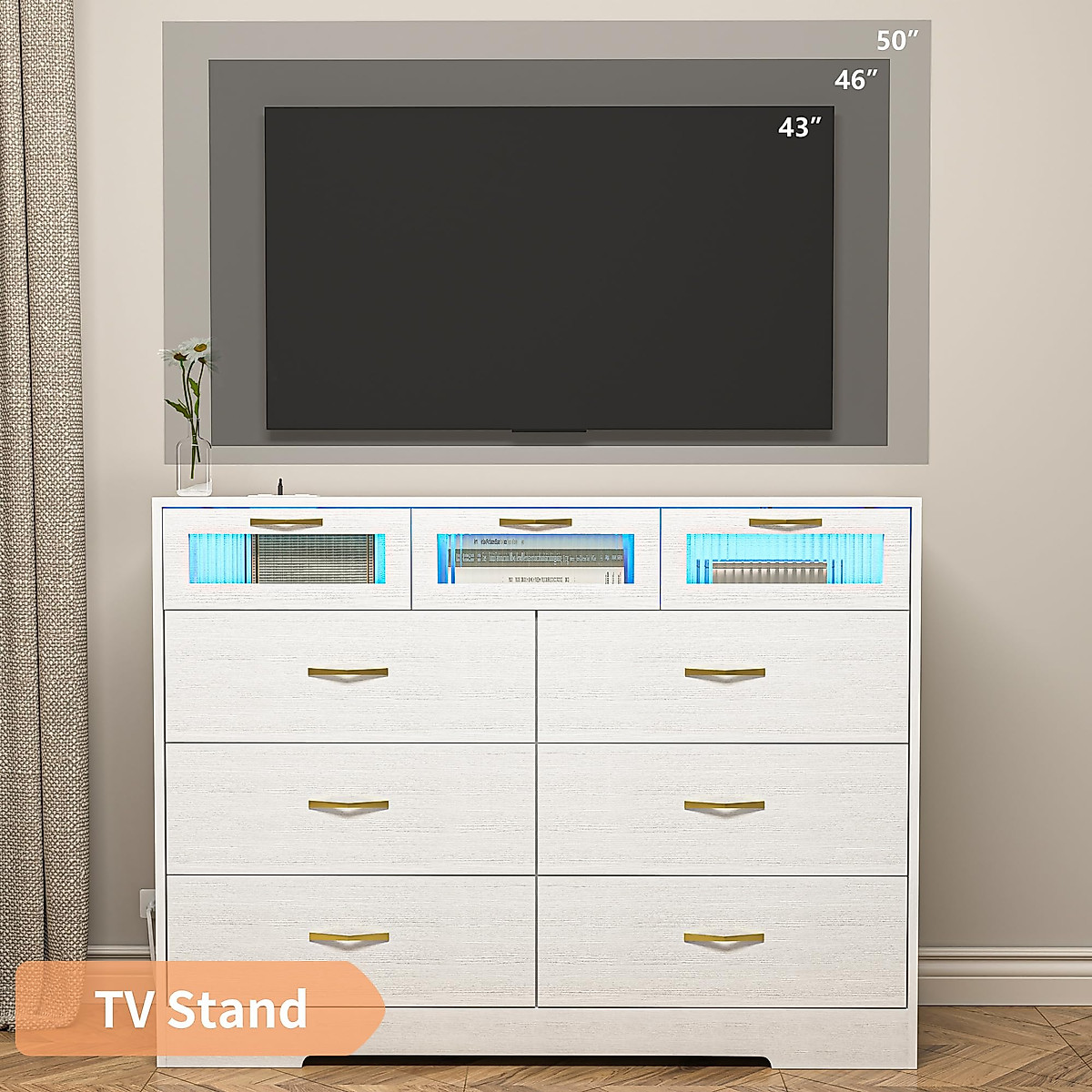 Vibe & Dine 9 Drawer Dresser with LED Lights and Charging Station, Modern Chest of Drawers Closet Organizer, Wood Wide Storage Dresser for Bedroom, Living Room