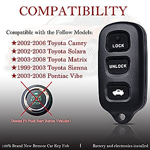 2 Key Fob Remote Replacement Fits for Toyota Sienna 1999 2000 2001 2002 2003/Matrix&Pontiac Vibe 03 2004 2005 2006 2007 2008/Camry 02-06/Solara 02-03 Q43VT14T Keyless Entry Remote Control 89742-AA030