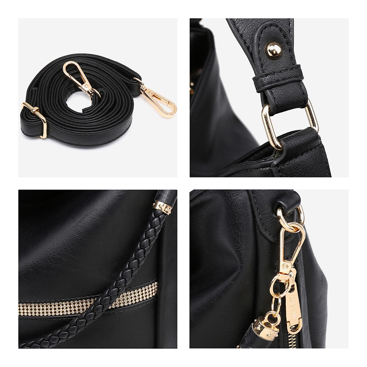 Dasein Hobo Handbags for Women Purses Vegan Leather Shoulder Bags Bucket Purse Large Tote Set with Long Strap (black)