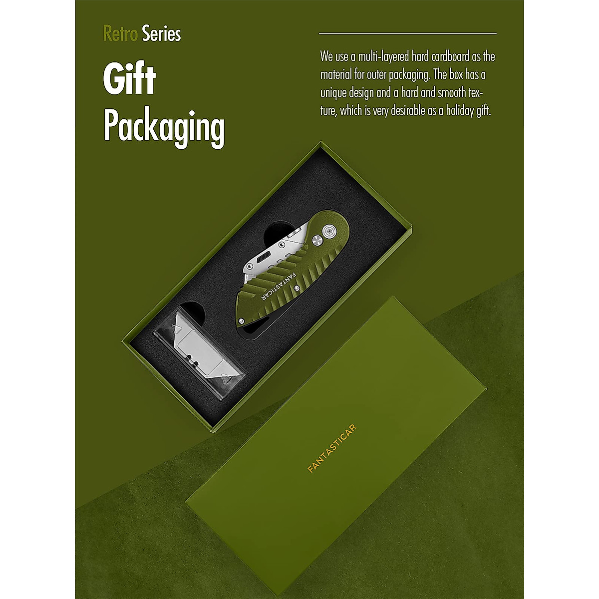 FantastiCAR Folding Utility Knife and Heavy Duty Retractable Cutter Set with Extra Blades (Dark Green)