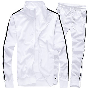 MACHLAB Men's Activewear Full Zip Warm Tracksuit Sports Set Casual Sweat Suit White L