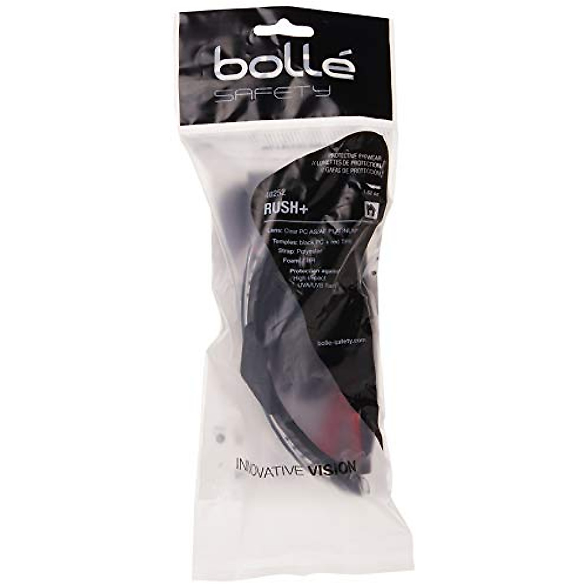 Bolle Safety Rush+ Safety Glasses Platinum® with Assembled Foam and Strap, Black & Red Frame, Clear Lenses