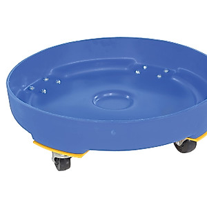 Vestil DRUM-DP-HD-55-BU Polyethylene Heavy Duty Drum Dolly 55 Gallon 24-1/4 in. x 24-1/4 in. x 8-1/2 in. 600 Lb. Capacity Blue/Yellow