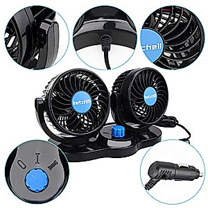 Jhua 12V Electric Car Fan 360 Degree Rotatable 2 Speed 4in Dual Head Car Auto Cooling Air Circulator Fan Quiet - Cigarette Lighter for Van SUV RV Boat Auto Vehicles Golf (Black