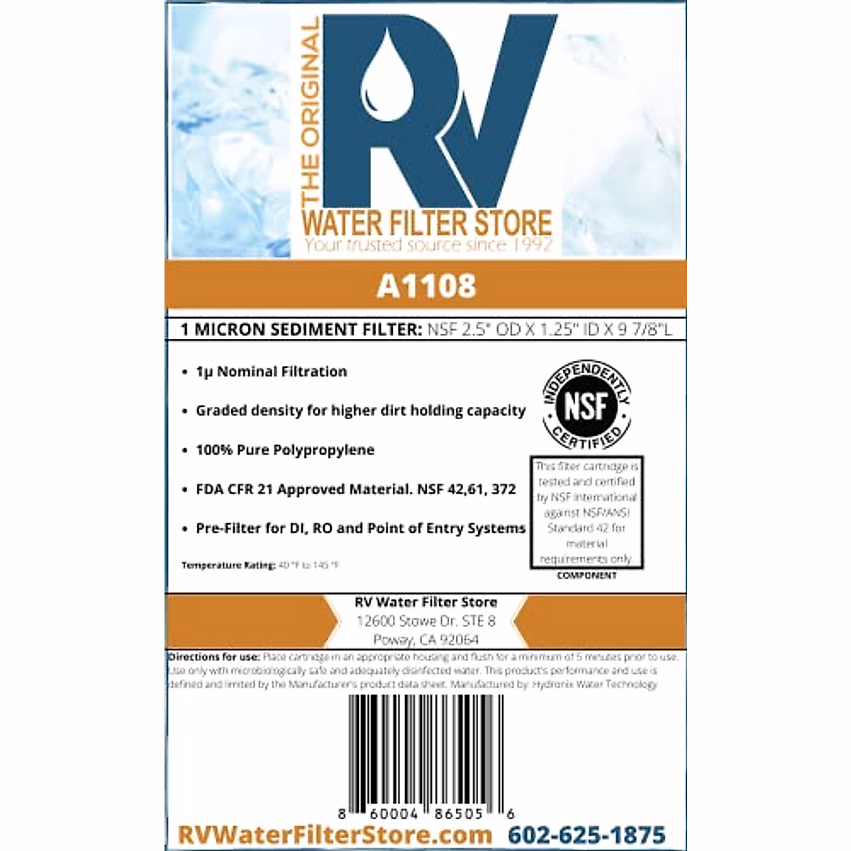 RV Water Filter Store A1103 Essential 1 Micron Sediment Water Filter - High Capacity, Replacement Cartridge, Disposable Pre-Filter - 10" Unit, Pack of 2