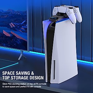 EXTREMECOOL PS5 Controller Charging Station for Dualsense, Dual PS5 Charging Station with RGB Light and Upgraded Touch Switch, PS5 Controller Accessories PS5 Controller Charger Dock on Top of Console