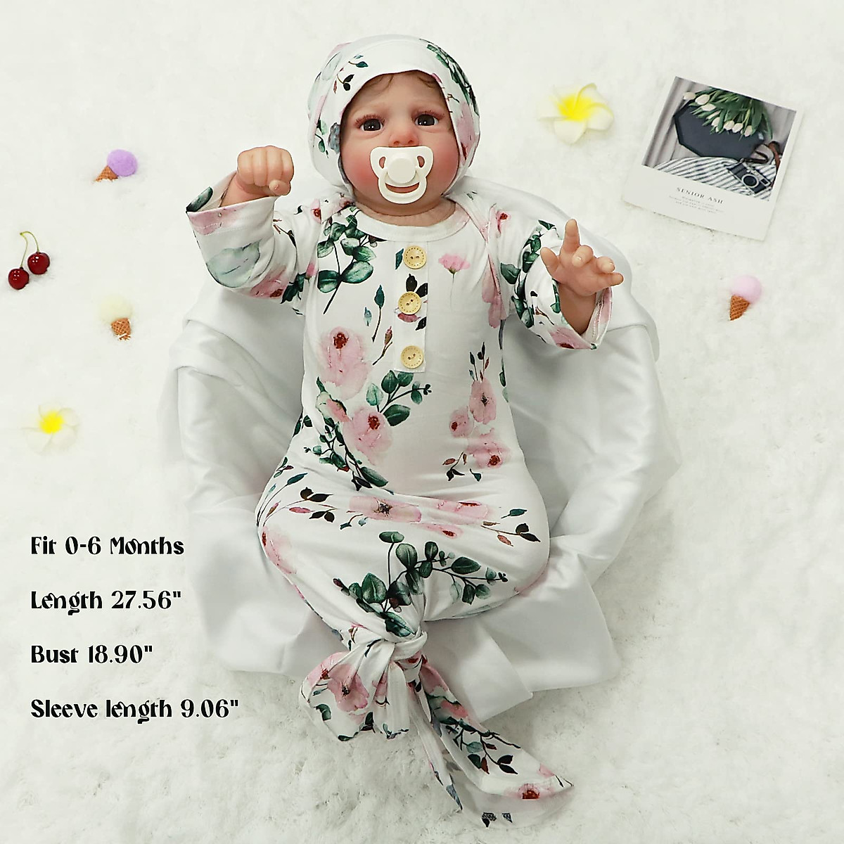 Kislio Newborn Baby Girls Boy Knotted Gown Floral Nightgown Sleeper Gown Swaddle Headband Hat Coming Home Outfit Set Pink