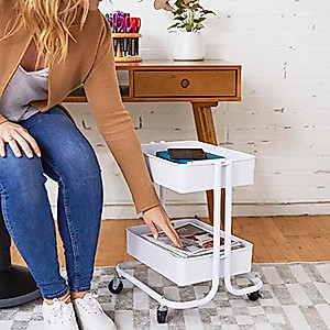 ECR4Kids 2-Tier Metal Rolling Utility Cart - Under Desk Office Storage, Multipurpose Mobile Organizer, White