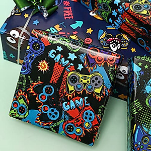 BOLIANNE Gaming Birthday Wrapping Paper for Boys Girls Kids with Cut Lines, 6 Large Sheets Video Game Gift Wrap for Game Lover, 27 x 37 Inches, High Gloss