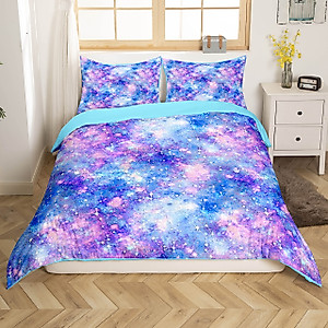 Erosebridal Sparkling Stars Bed Set Rainbow Galaxy Duvet Cover, Constellation Astrology Bedding Set Full Zodiac Nebula Comforter Cover, Navy Purple Horoscopes Bed Cover, Reversible Blue