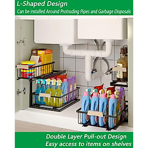 Lefipor Under Sink Organizer L-shaped. 2 Tier Pull Out Cabinet Organizer. Metal Sliding Shelf Storage. Slide Out Under Sink Storage Organizer for Kitchens, Bathrooms-Black