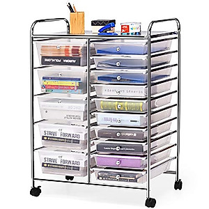 KOTEK 15-Drawer Rolling Storage Cart, Multipurpose Mobile Utility Cart with 4 Wheels, Home Office School Tools Scrapbook Paper Organizer (Clear)