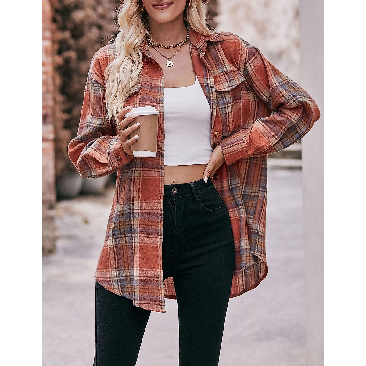 Korebow Women's Lightweight Flannel Plaid Button Down Shirts Oversized Long Sleeve Shacket Jacket Tops(0200-Orange-XL)