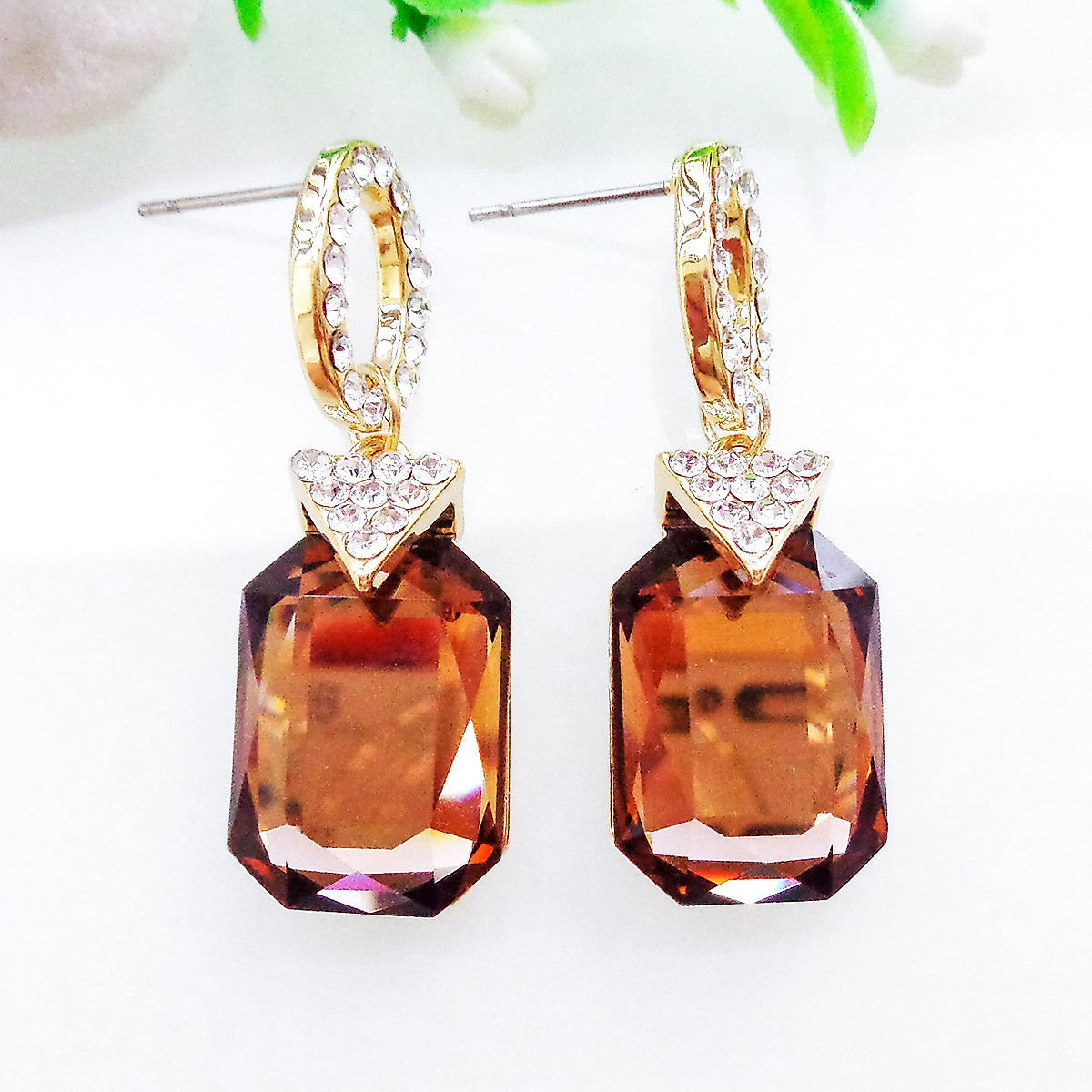 Navachi 18k Gold Plated White Crystal Brown Square Zircon Dangle Az1640e Stud Earrings