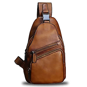LRTO Genuine Leather Sling Bag Crossbody Purse Handmade Hiking Daypack Motorcycle Bag Retro Shoulder Backpack Vintage Chest Bag (Brown)