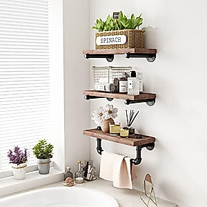 BOSURU Industrial Iron Pipe Shelves Wall Mount Wood Floating Shelf Rustic DIY Storage Shelving with Towel Rack for Bathroom,Living Room,Bedroom(Black,3-Tier)