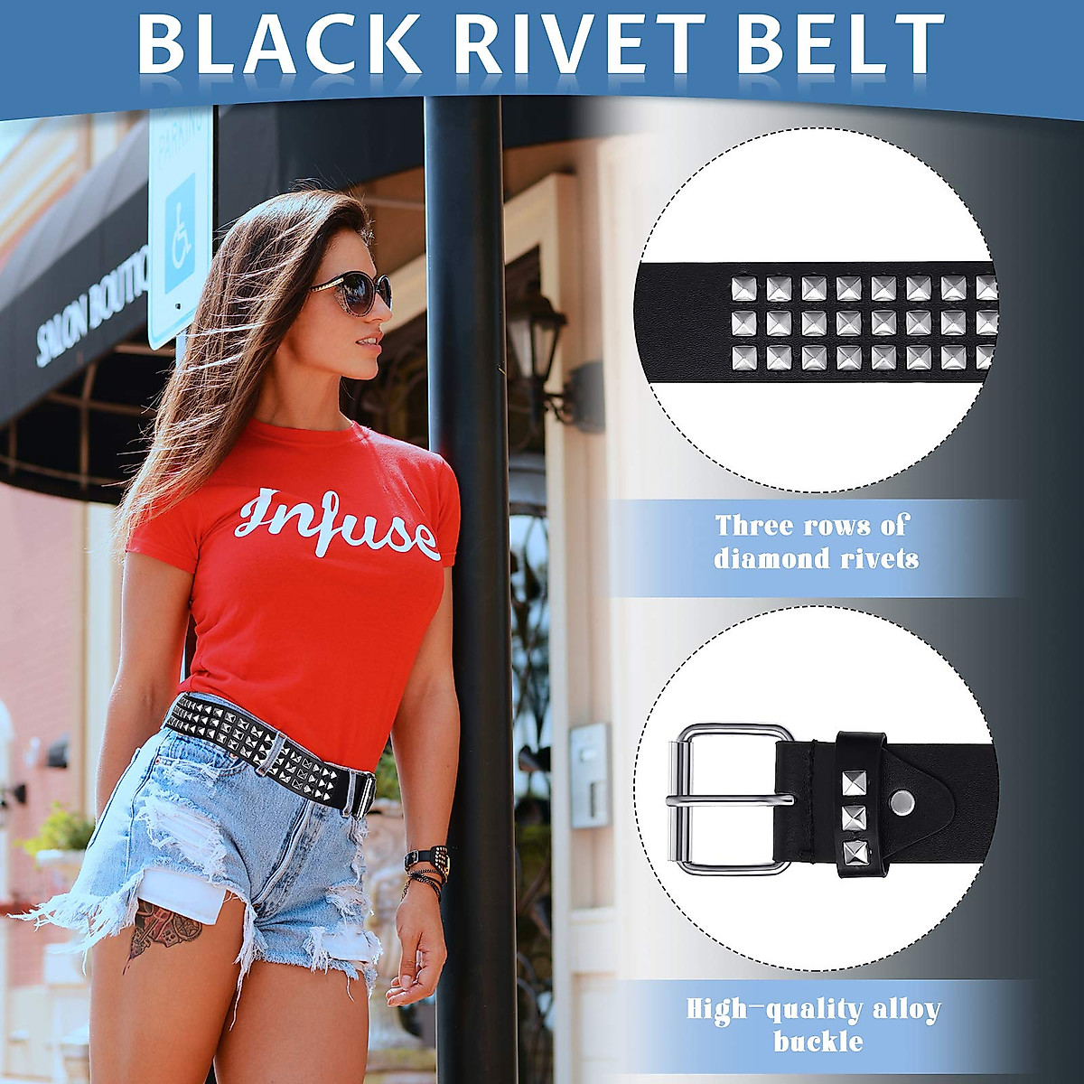 2 Pcs Rivet Studded Punk Belt Double Grommet Belt Gothic Belt for Women Men Gift (Black,No Chain)