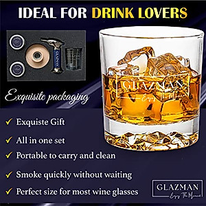 GLAZMAN Cocktail Smoker Kit with Torch and 4 Flavors of Wood Chips- Luxury Whiskey Gifts for Men- Whiskey Smoker Infuser Kit Includes Wooden Plate & Engraved