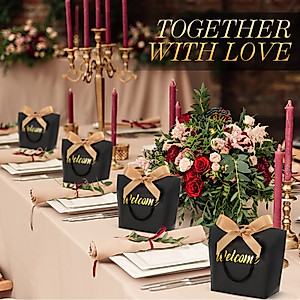 30 Pieces Welcome Bags Wedding Gift Bags Hotel Guest Wedding Treat Candy Boxes with Bow Ribbon Handle Party Favors Bags for Birthday Baby Shower Business Celebration Present (Black)