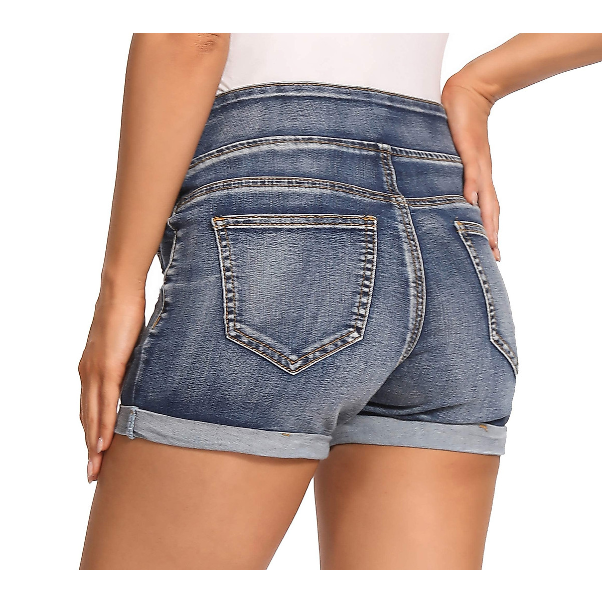 Foucome Women's Maternity Ripped Jean Shorts Roll Hem Denim Shorts Pregnancy Summer Shorts (Blue, L)