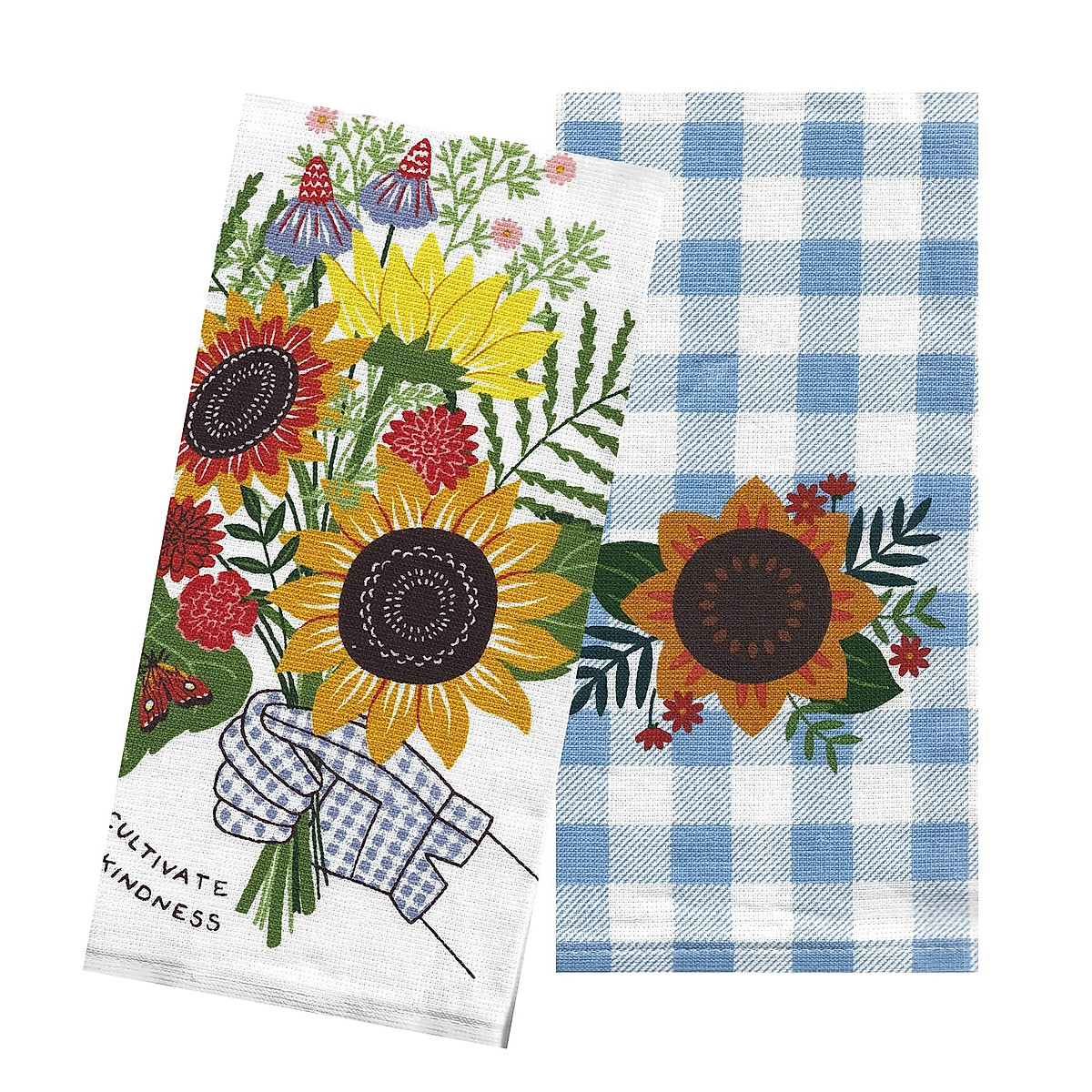 Celebrate Kitchen Towel Set of 2, Sunflowers Blue and White Buffalo Plaid Dishtowels