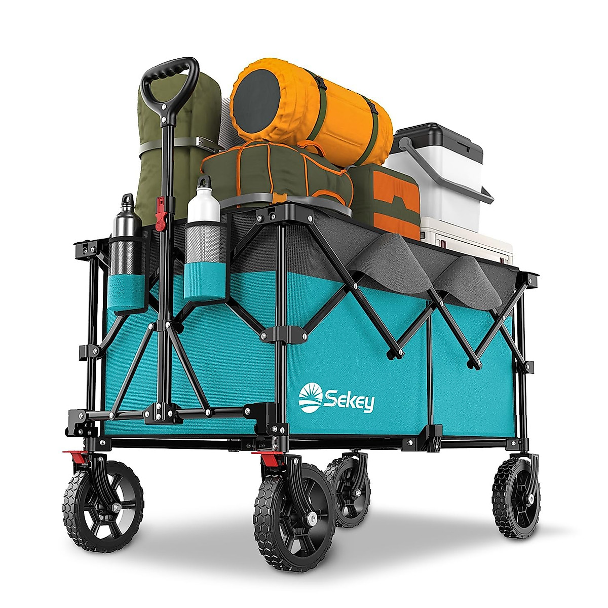 Sekey 220L Collapsible Foldable Wagon with 330lbs Weight Capacity, Heavy Duty Folding Wagon Cart with Big All-Terrain Wheels & Drink Holders (Turquoise)