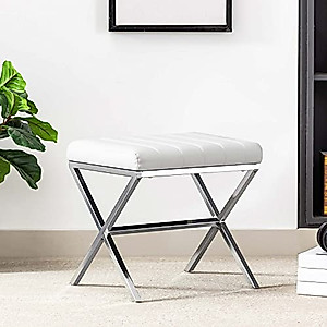 Duhome Vanity Stool,Modern PU Leather Ottoman Stool Chair for Vanity,Vanity Bench with Metal X Legs, Rectangle Makeup Stool Padded Foot Rest Stool for Makeup Room, Living Room, Bathroom,White