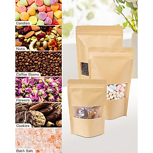 Food Storage Bags 140 Packs Resealable Bags Kraft Paper Bags Coffee Bags Packaging Bags with Window Stand Up Pouches Bags for Small Business Christmas(5.9x8.6 Inches)