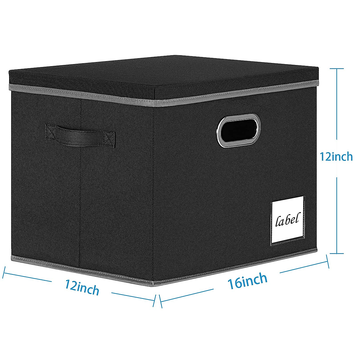 PFFVRP Extra Large Storage Bins with Lids, 16"x12"x12" Foldable Linen Fabric Storage Boxes with Lids, Storage Basket with Lid with Handles and Label, Storage Bin for Living Room Closet Office (Black)