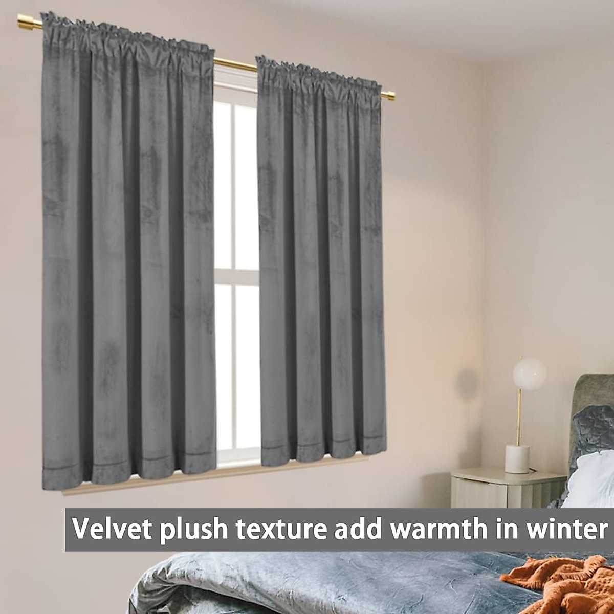 PANELSBURG Short Blackout Curtains for Bedroom,Thermal Insulated Room Darkening Velvet Luxury Basement Window Curtains for Men Cave Office Kitchen RV Campers Trailers,48 Inches Long,Grey/Gray,4 FT