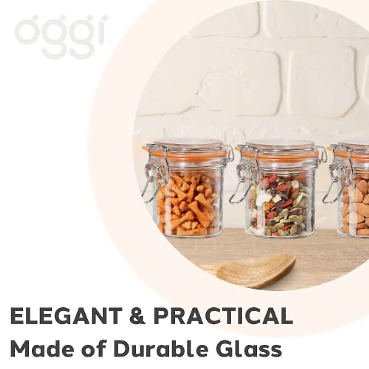 OGGI 3 Piece Airtight Glass Storage Containers Set - 3 Small 9oz Glass Kitchen Canisters with Clamp Lids & Silicone Seals - Farmhouse Kitchen Décor, Kitchen Storage, Pantry Storage, Food Storage