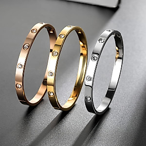 RIMRIVA Gold Bangle Bracelets for Women Trendy Love Gifts Stack Friendship Jewelry Cubic Zirconia Stones Stainless Steel Crystal Bracelet Anniversary Birthday Women