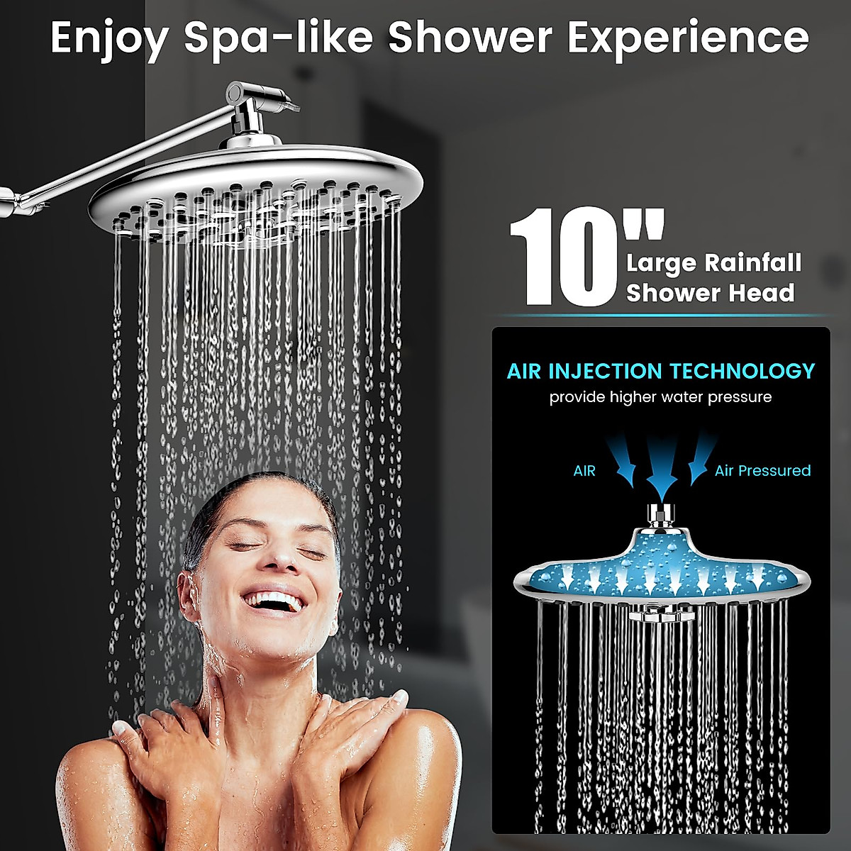 FEELSO 10" High Pressure Shower Head Combo with Handheld Spray, 16 Settings, 11" Adjustable Arm, ON/OFF Pause Switch