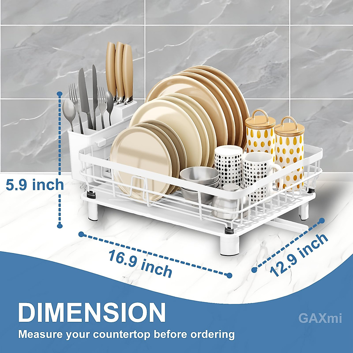 GAXmi Dish Drying Rack Over The Sink Dish Drainer with Drainboard Utensil Holder Adjustable Spout, 1-Tier White