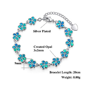 CiNily Sterling Silver Plated Blue Opal Flower Bracelet-Plumeria Hawaiian Flower Link Tennis Bracelet for Women October Birthstone Bracelet
