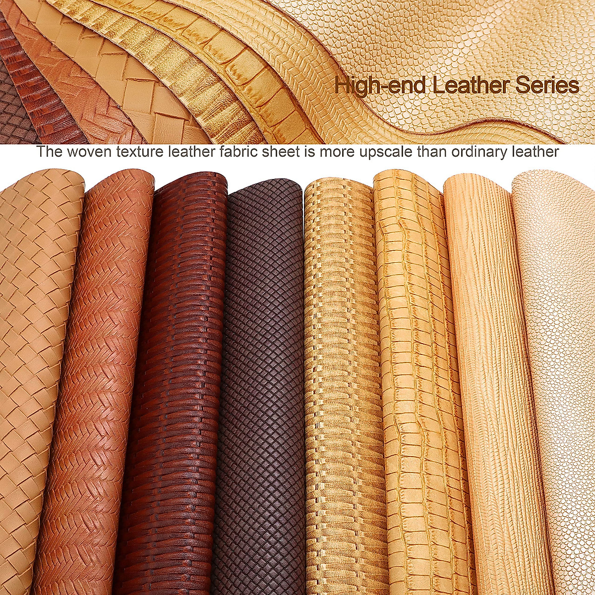 LOTOFUN 8Pcs/Set New Weave Embossed Textured Faux Leather Sheets Yellow Brown Series Mixed Woven Lattice Striped Vinyl Fabric A4 8 x 12Inch Fall Bohemia for Earrings Hair Bows DIY Crafts