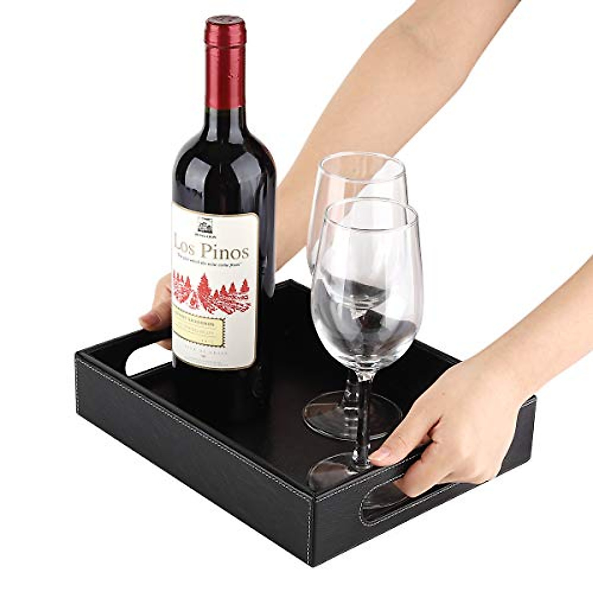 Luxspire Valet Tray with Handles, Leather Decorative Ottoman Serving Tray, Coffee Table Tray, Catchall Tray Countertop Storage, Mens Vanity Tray for Jewelry Key Cologne Organizer, 10"x 8", Black