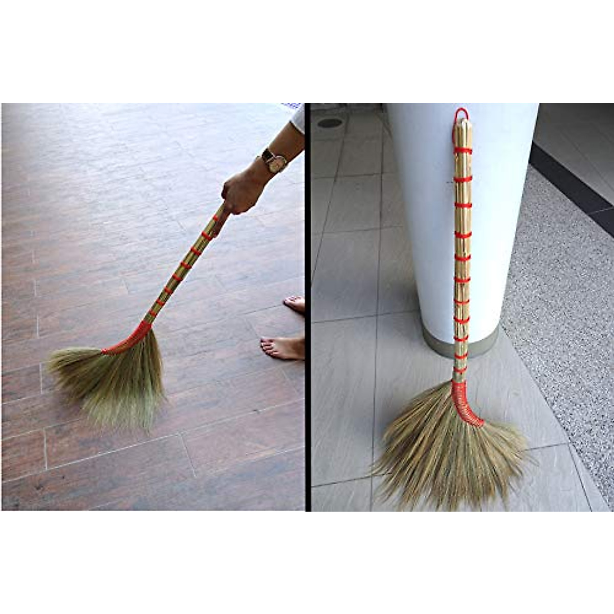 Generic Handmade Grass Thai Broom Extra Thick Bristle Brush Head Traditional Asian Whisk Sweeper Broomcorn Plus 100 Percent Cotton Dust Cover, 40 x 18 x 1.5 inch, Red