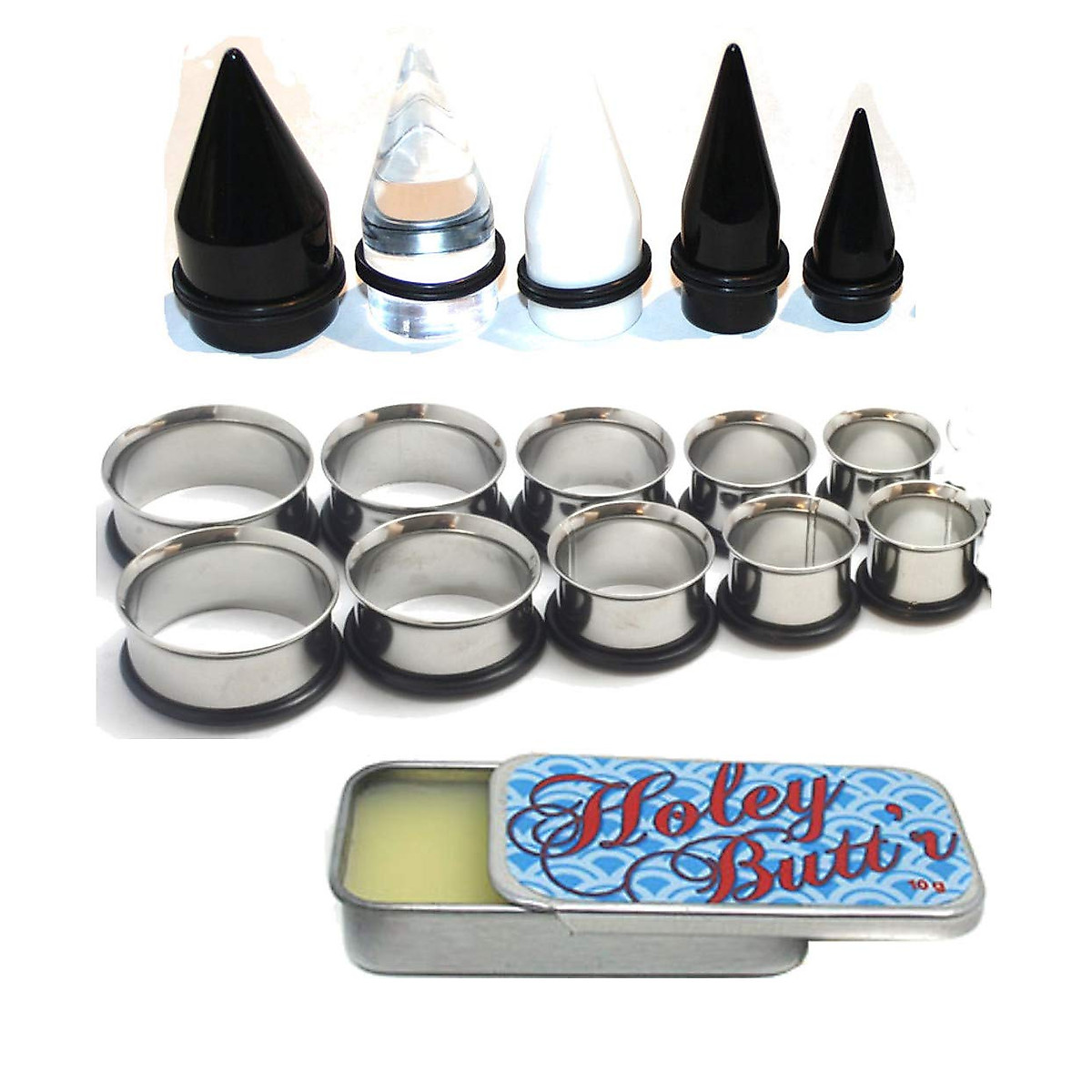 Zaya Body Jewelry 15 Pc Huge Tapers Ear Stretching Kit Black Clear White Tapers and Surgical Steel Tunnels 0g-1 inch Holey Butt'r (00g 7/16" 1/2" 9/16" 5/8")