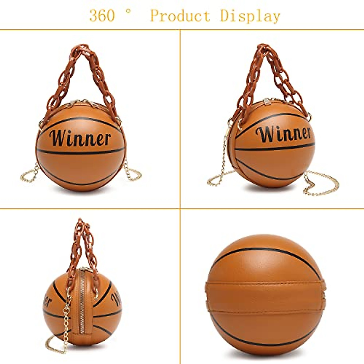 Obovoid Women's basketball bag Basketball-Shaped Crossbody Bag Handbag Girl Mini One-Shoulder PU Leather Round Handbag (Yellowish brown)