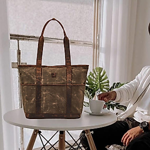 Wise Owl Accessories Tote Bag for Women Real Leather Shoulder Handbag Organizer Water Repellent Waxed Canvas with Compartments (Taupe)