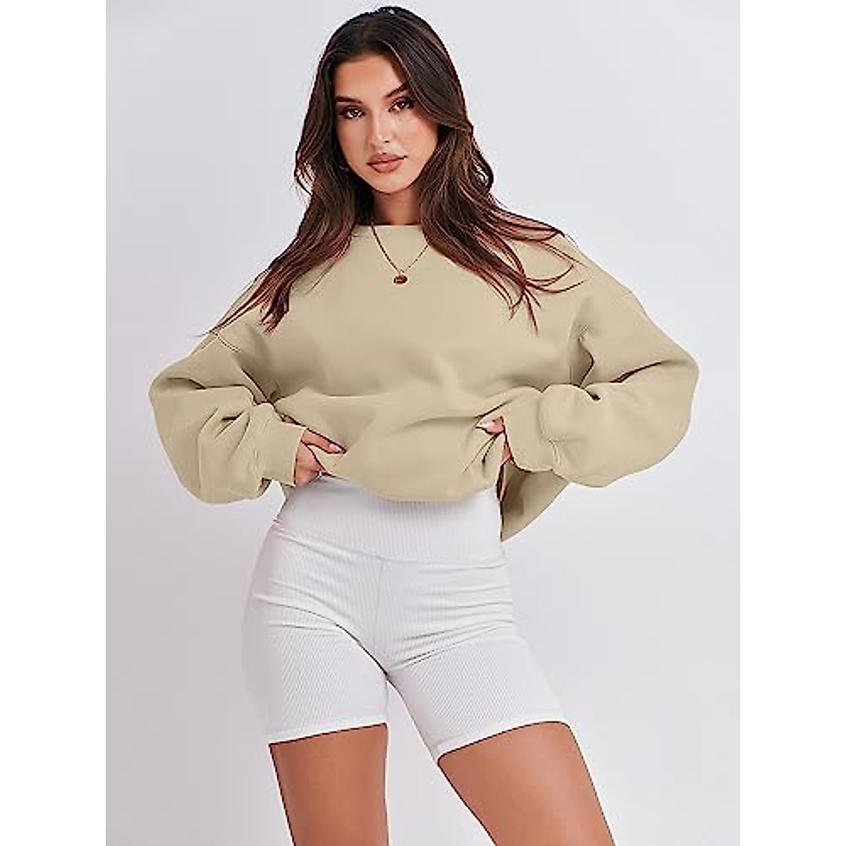 Caracilia Women's Long Sleeve Sweatshirts Crewneck Loose Fit Cotton Fuzzy Khaki Pull Over 2023 Fall Fashion Outfits Oversized Cute Teen Girls Solid Y2K Fleece Hoodie C102A6-zongse-M