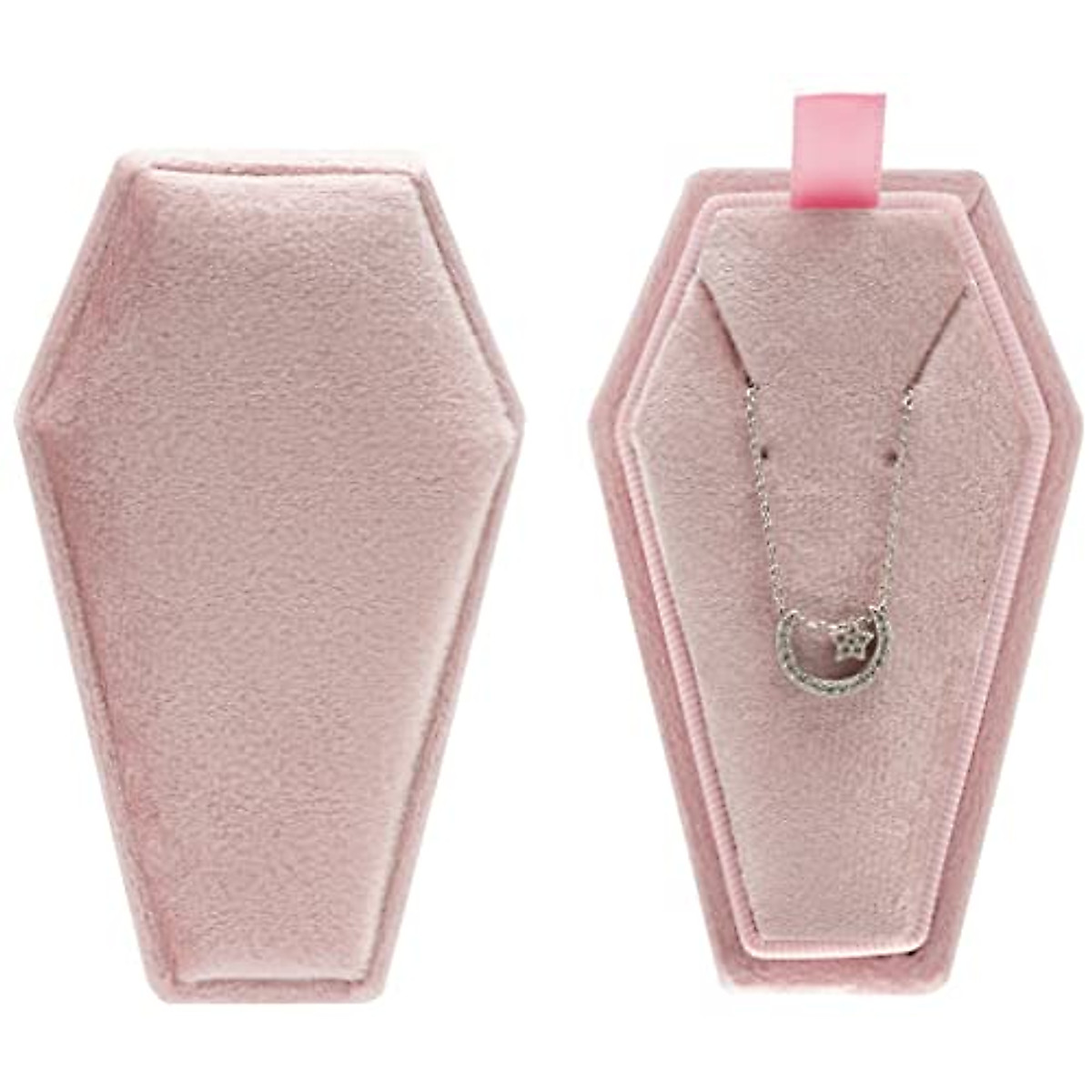 Giftop Velvet Coffin Necklace Box Pendant Case for Accessories Gothic Home Jewelry Organizer Decorations Goth Decor Gifts (Pink)