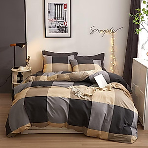 MKXI Plaid Duvet Cover Twin Soft Grid Bedding Set 100% Cotton Plaid Bedding Geometric Comferter Cover with 2 Pillowcases Checkered Pattern Bedding Cover