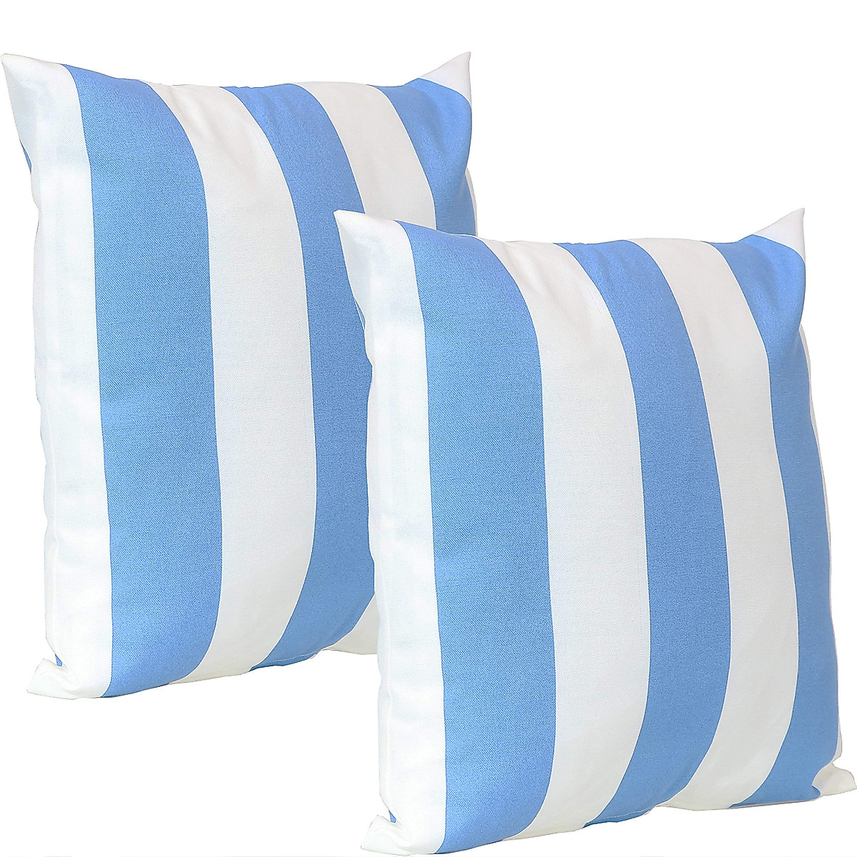 Sunnydaze 17-Inch Square Beach-Bound Stripe Indoor and Outdoor Decorative Throw Pillows Set of 2 with Zipper Closures and Inserts and Indoor and Outdoor Inflatable Ottoman Bundle