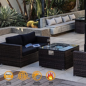 AJ Enjoy 32'' Propane Fire Pit Table, Marble Textured Ceramic Tabletop, 50,000 BTU Fire Table with Brown Wicker, Mix Color Glass Rocks, Including Lid&Cover, Square, Tank Required to Be Kept Outside