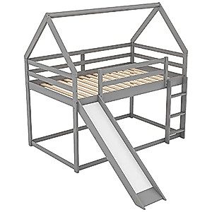OPTOUGH House Shape Twin Size Bunk Bed with Ladder and Slide,Wooden Bedframe with Full-Length Safety Rail,for Kids Teens,No Spring Box Need,Gray